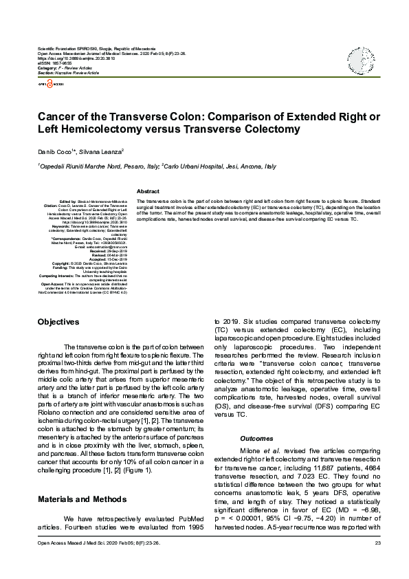 (PDF) Cancer of the Transverse Colon: Comparison of Extended Right or ...