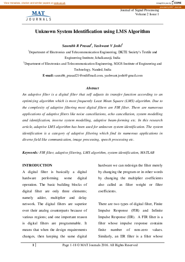 (PDF) Unknown System Identification using LMS Algorithm