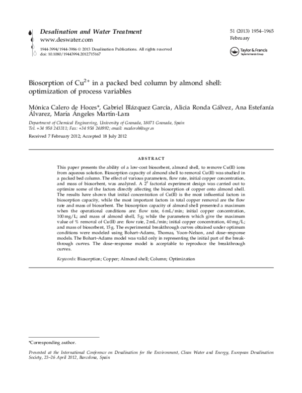 (PDF) Biosorption of Cu2+in a packed bed column by almond shell ...