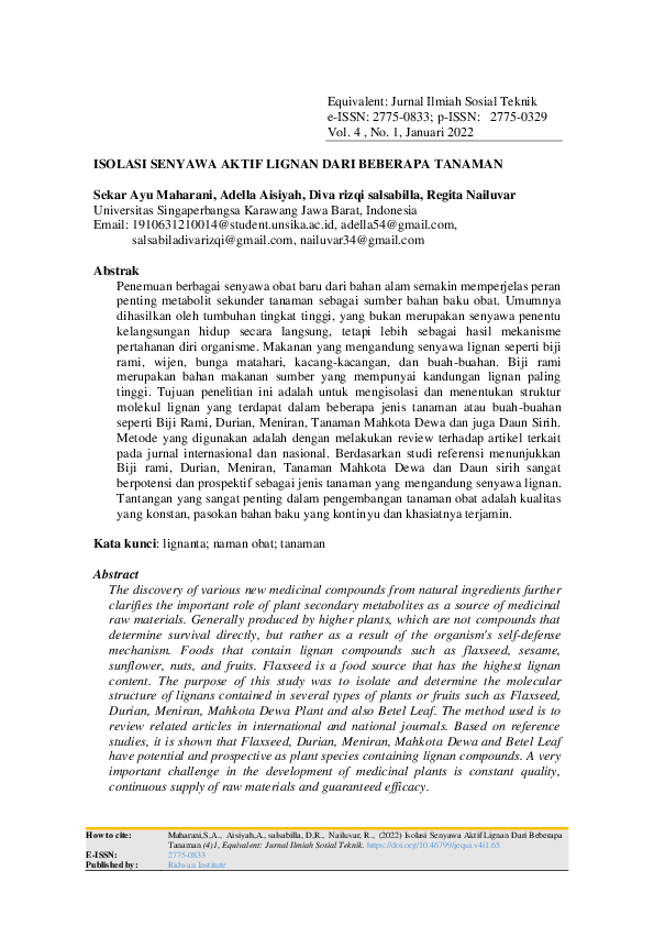 (PDF) Isolasi Senyawa Aktif Lignan dari Beberapa Tanaman