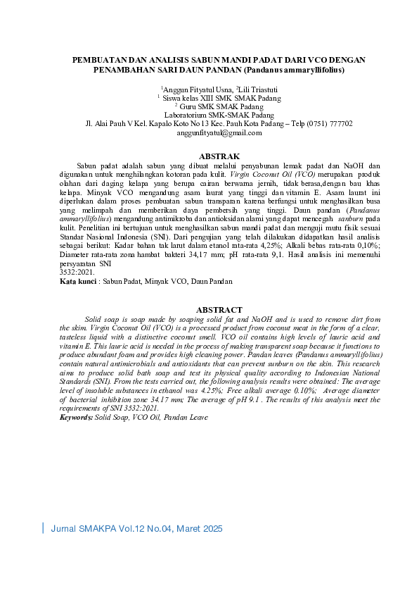 (PDF) PEMBUATAN DAN ANALISIS SABUN MANDI PADAT DARI VCO DENGAN PENAMBAHAN SARI DAUN PANDAN ...