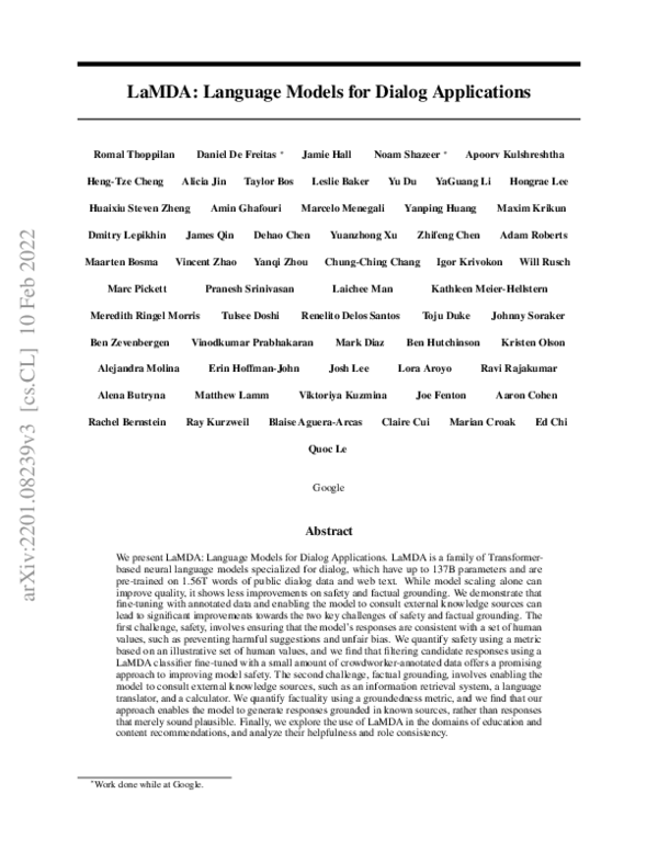 (PDF) LaMDA: Language Models for Dialog Applications
