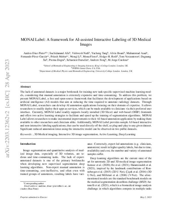 (PDF) MONAI Label: A framework for AI-assisted Interactive Labeling of 3D Medical Images