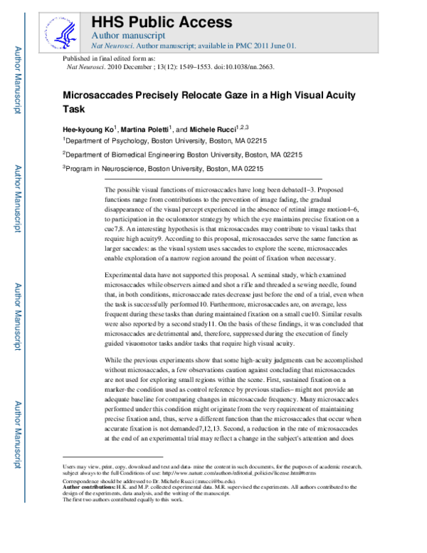 (PDF) Microsaccades precisely relocate gaze in a high visual acuity task