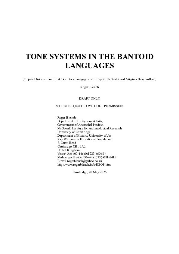 (PDF) Tone systems in the Bantoid languages