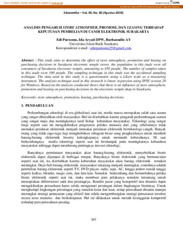 (PDF) Analisis Pengaruh Store Atmospher, Promosi, Dan Leasing Terhadap Keputusan Pembelian DI ...