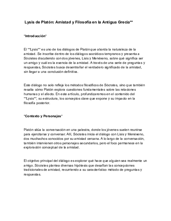 (PDF) Lysis de Platón: Amistad y Filosofía en la Antigua Grecia