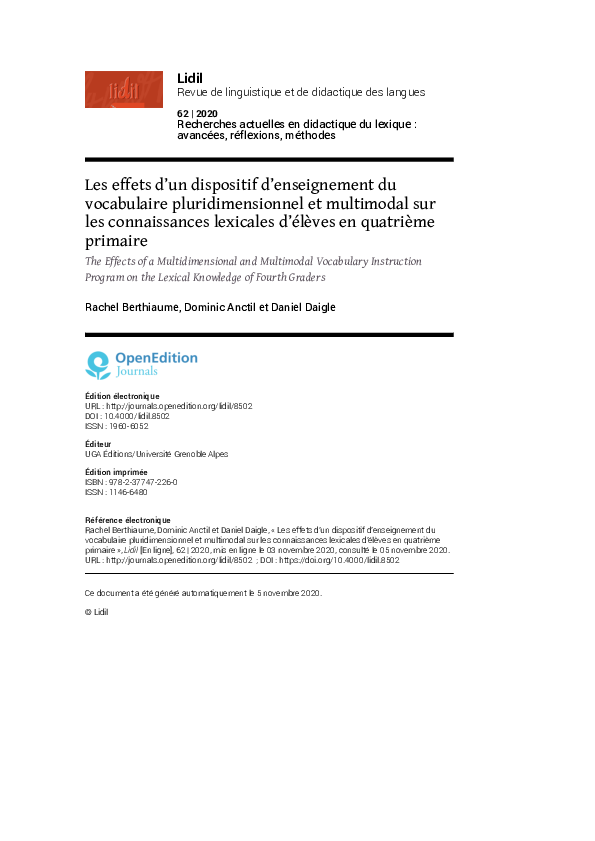 (PDF) Les effets d’un dispositif d’enseignement du vocabulaire pluridimensionnel et multimodal ...