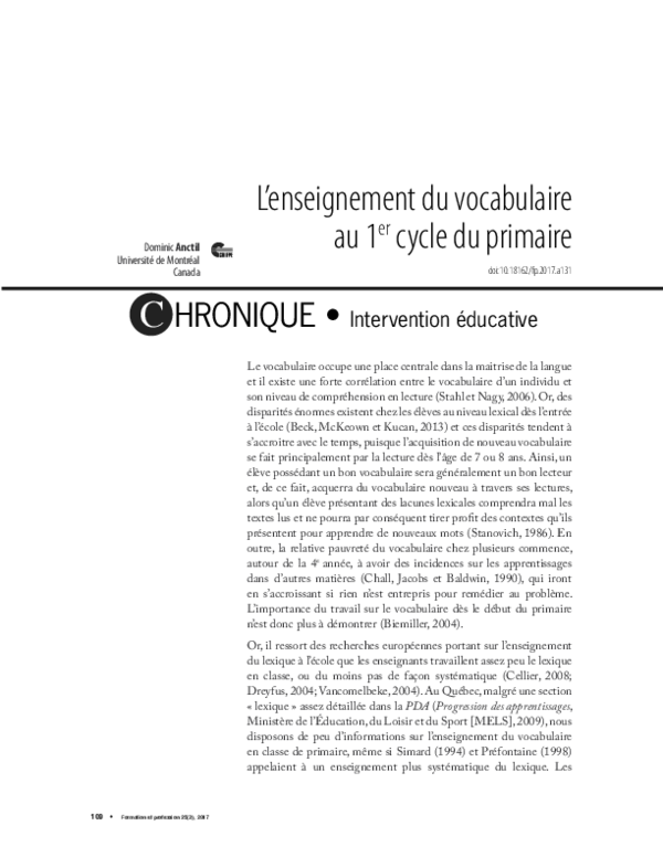 (PDF) L’enseignement du vocabulaire au 1er cycle du primaire