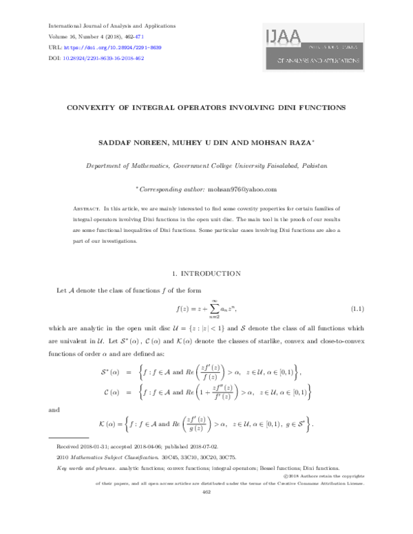 (PDF) Convexity of Integral Operators Involving Dini Functions