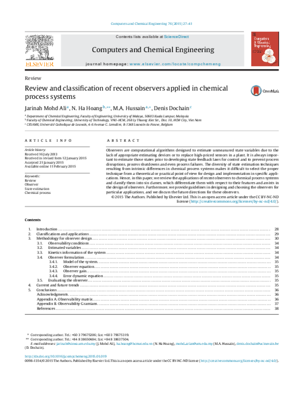 (PDF) Review and classification of recent observers applied in chemical process systems