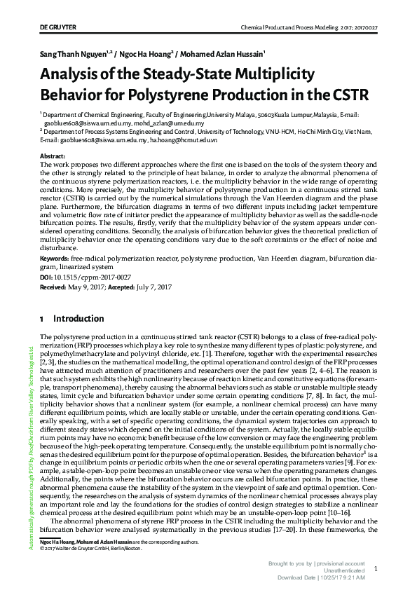 (PDF) Analysis of the Steady-State Multiplicity Behavior for ...