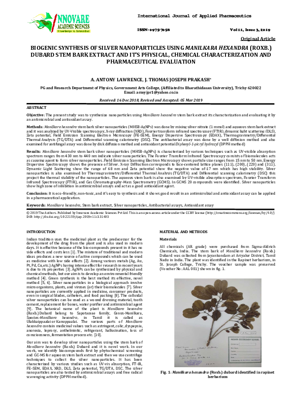 (PDF) Biogenic Synthesis of Silver Nanoparticles, Using Bougainvillea ...