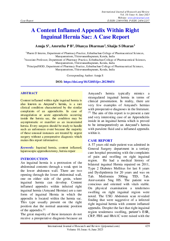 (PDF) A Content Inflamed Appendix Within Right Inguinal Hernia Sac: A ...