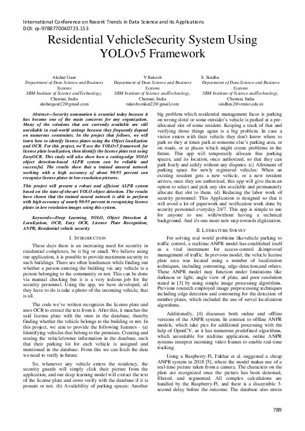 (PDF) Residential Vehicle Security System Using YOLO v5 Framework