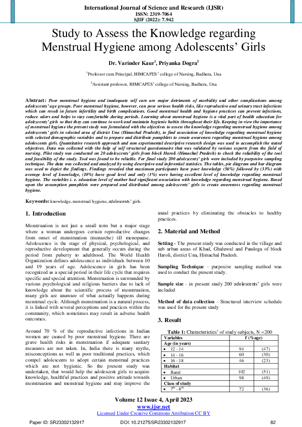 (PDF) Study to Assess the Knowledge regarding Menstrual Hygiene among ...