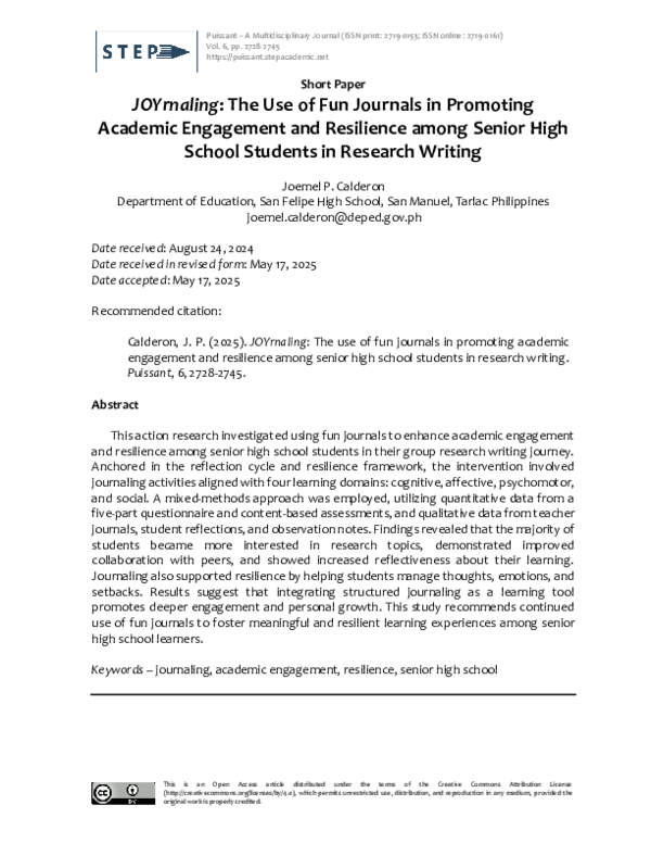 (PDF) JOYrnaling: The Use of Fun Journals in Promoting Academic ...