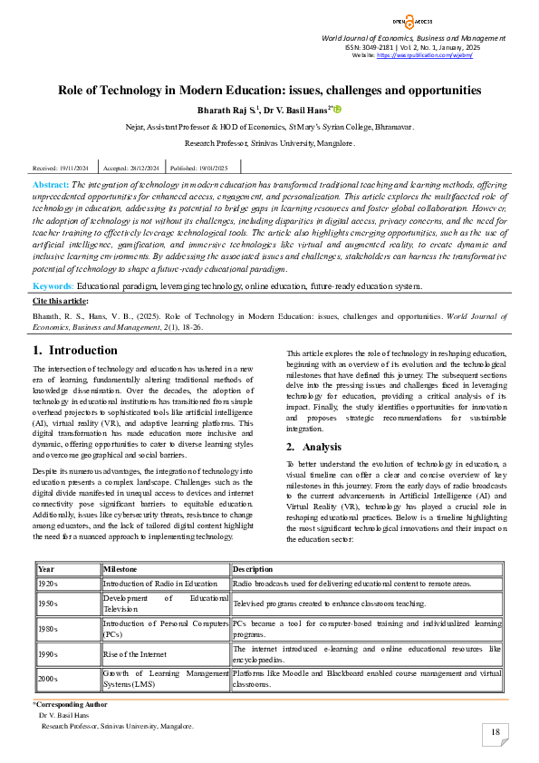 (PDF) Role of Technology in Modern Education: issues, challenges and opportunities