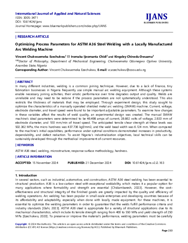 (PDF) Optimizing Process Parameters for ASTM A36 Steel Welding with ...