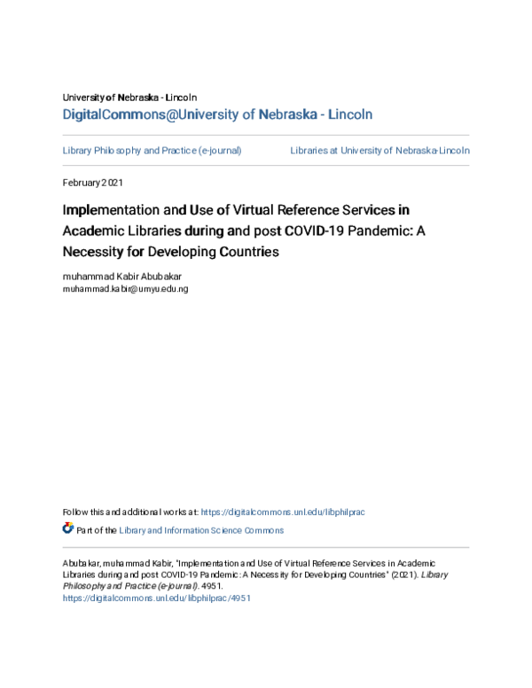 (PDF) Implementation and Use of Virtual Reference Services in Academic Libraries during and post ...