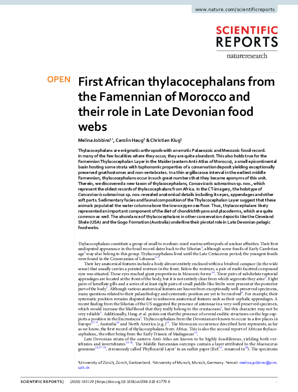 (PDF) First African thylacocephalans from the Famennian of Morocco and ...