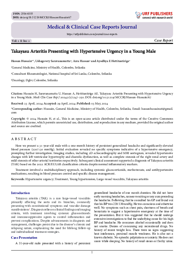 (PDF) Takayasu Arteritis Presenting with Hypertensive Urgency in a Young Male