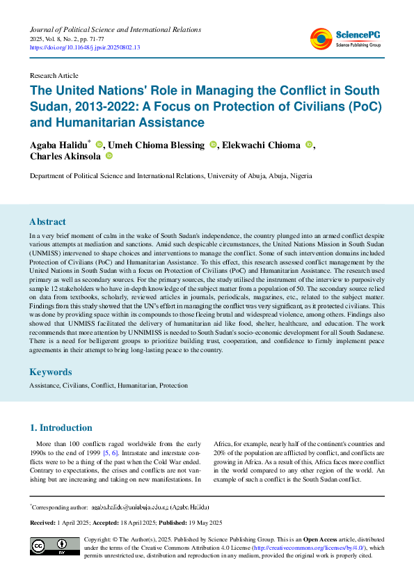 (PDF) The United Nations' Role in Managing the Conflict in South Sudan ...