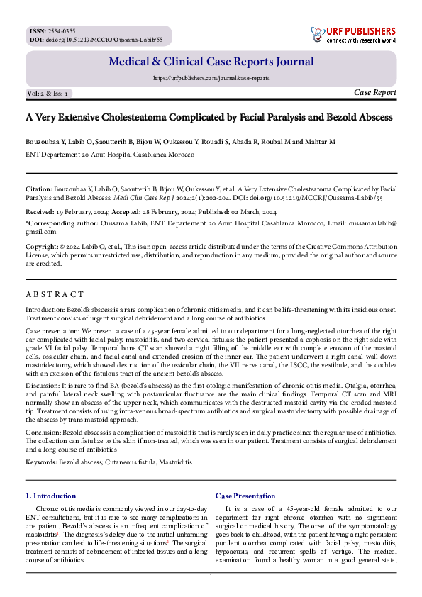 (PDF) A Very Extensive Cholesteatoma Complicated by Facial Paralysis ...