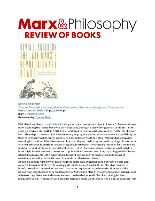 (PDF) Reitz review of Kevin B Anderson's The Late Marx's Revolutionary ...