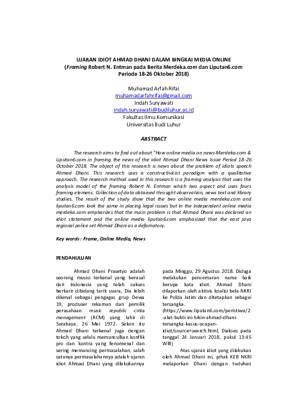 (PDF) Ujaran Idiot Ahmad Dhani Dalam Bingkai Media Online