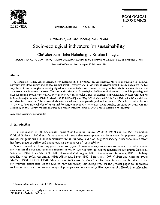 (PDF) Socio-ecological indicators for sustainability