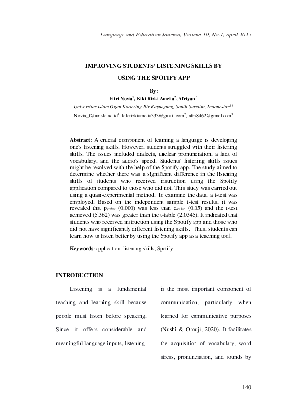 (PDF) IMPROVING STUDENTS' LISTENING SKILLS BY USING THE SPOTIFY APP