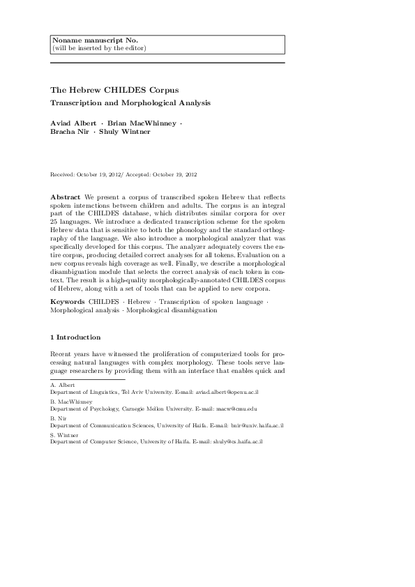 (PDF) The Hebrew CHILDES corpus: transcription and morphological analysis