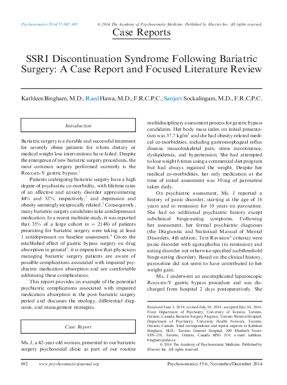 (PDF) SSRI Discontinuation Syndrome Following Bariatric Surgery: A Case ...