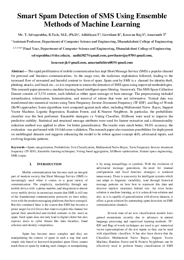 (PDF) Smart Spam Detection of SMS Using Ensemble Methods of Machine ...