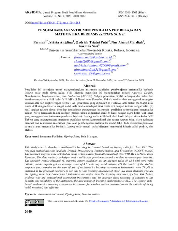 (PDF) Pengembangan Instrumen Penilaian Pembelajaran Matematika Berbasis Ispring Suite