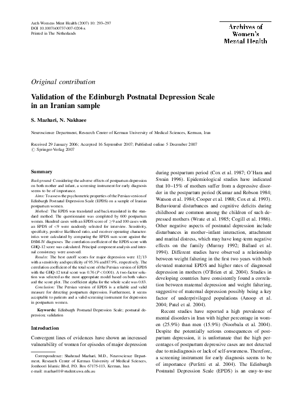 (PDF) Validation of the Edinburgh Postnatal Depression Scale in an ...