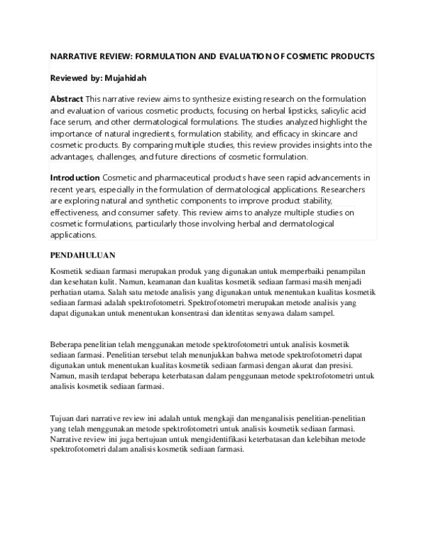 (PDF) NARRATIVE REVIEW: FORMULATION AND EVALUATION OF COSMETIC PRODUCTS