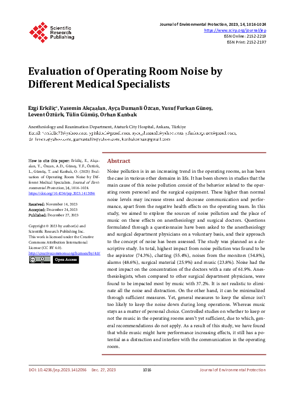 (PDF) Evaluation of Operating Room Noise by Different Medical Specialists