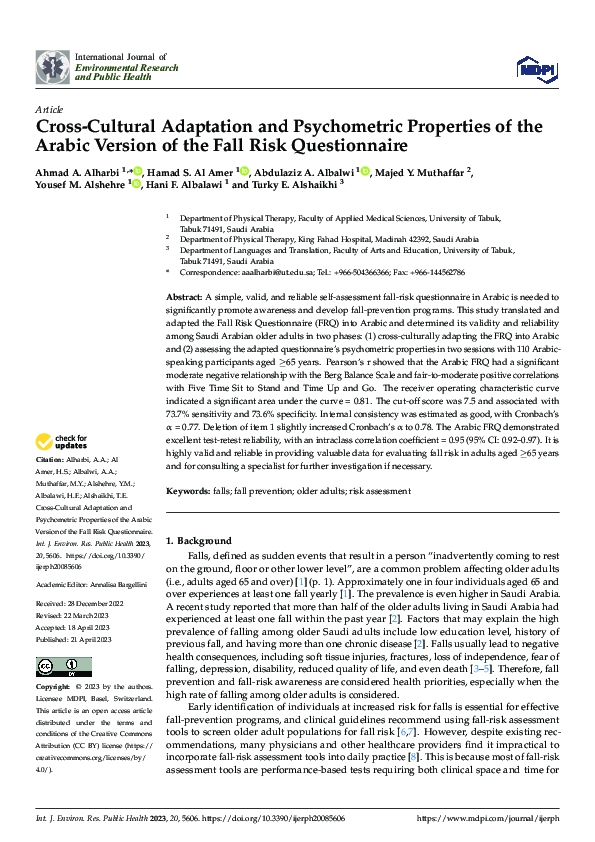 (PDF) Cross-Cultural Adaptation and Psychometric Properties of the Arabic Version of the Fall ...