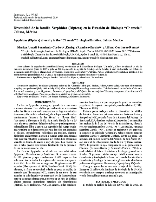(PDF) Syrphidae (Diptera) diversity in the "Chamela" Biological Estation, Jalisco, Mexico