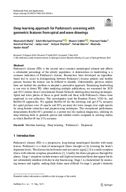(PDF) Deep learning approach for Parkinson's screening with geometric features from spiral and ...