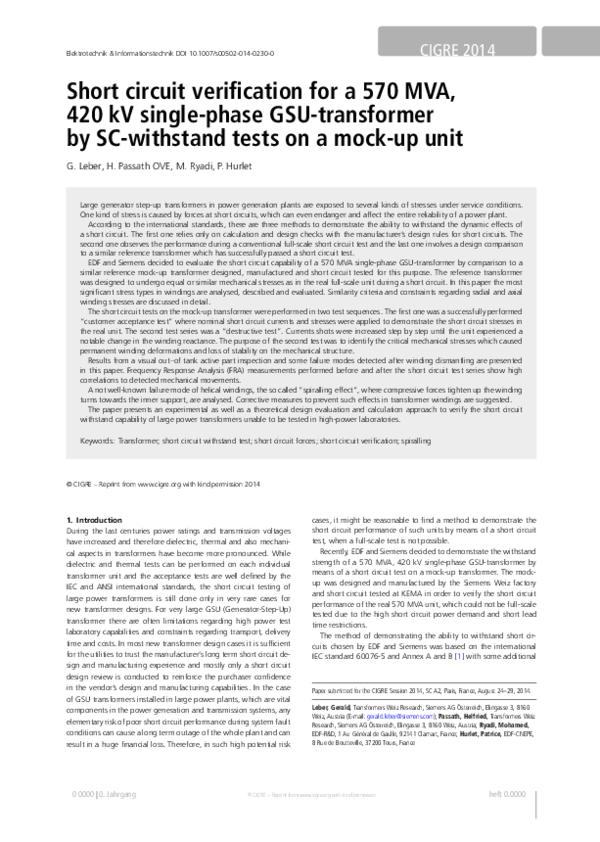 (PDF) Short circuit verification for a 570 MVA, 420 kV single-phase GSU ...