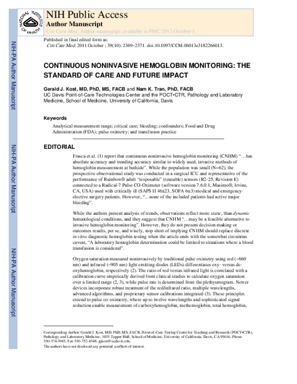 (PDF) Continuous noninvasive hemoglobin monitoring: The standard of ...