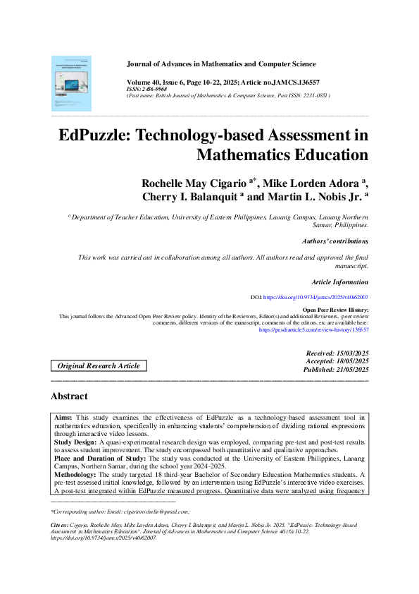 (PDF) EdPuzzle: Technology-based Assessment in Mathematics Education