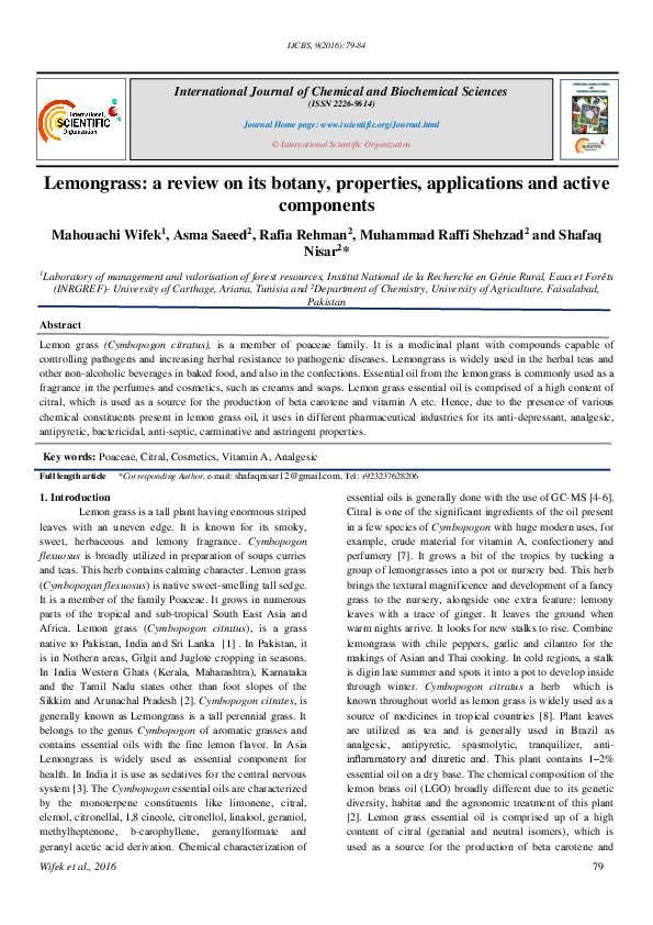 (PDF) Lemongrass: a review on its botany, properties, applications and active components