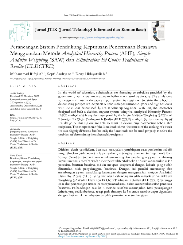 (PDF) Perancangan Sistem Pendukung Keputusan Penerimaan Beasiswa Menggunakan Metode Analytical ...
