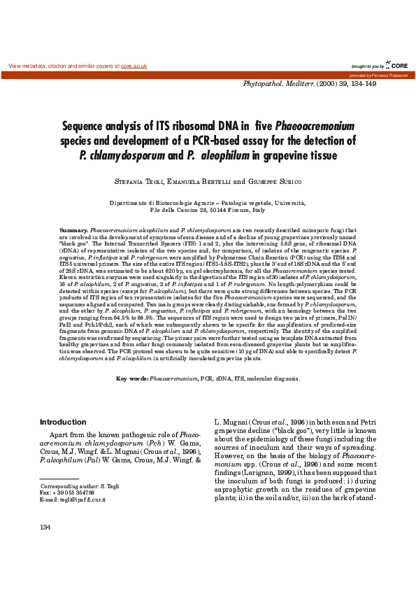 (PDF) Sequence analysis of ITS ribosomal DNA in five Phaeoacremonium species and development of ...