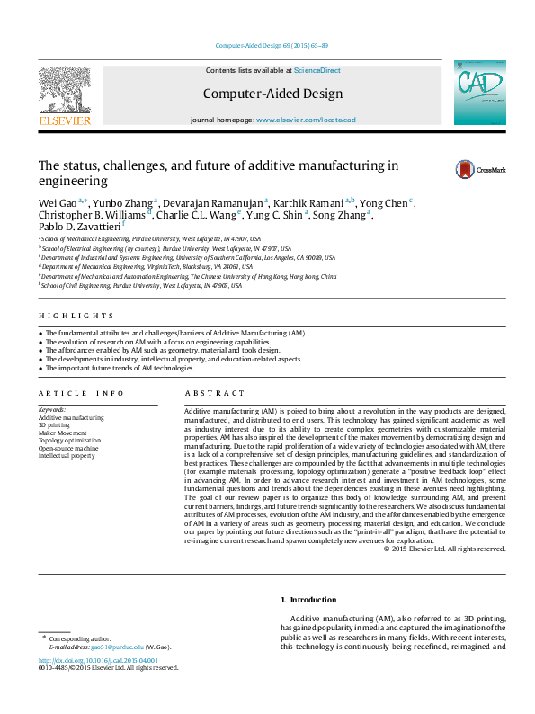 (PDF) The status, challenges, and future of additive manufacturing in ...
