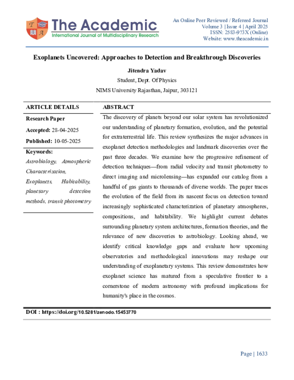 (PDF) Exoplanets Uncovered: Approaches to Detection and Breakthrough Discoveries